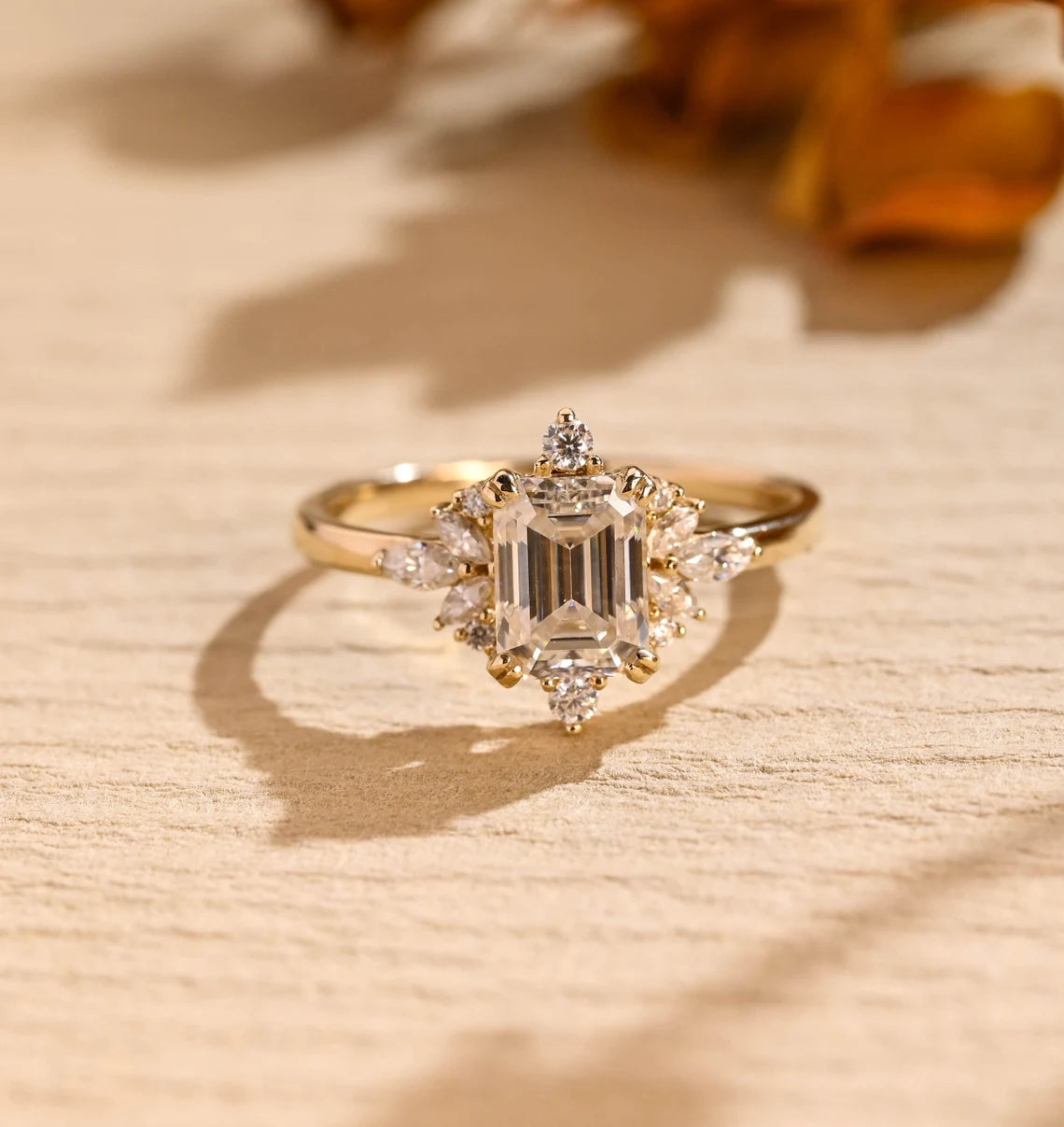 1.0 CT Emerald Cut Cluster Diamond Moissanite Engagement Ring ...
