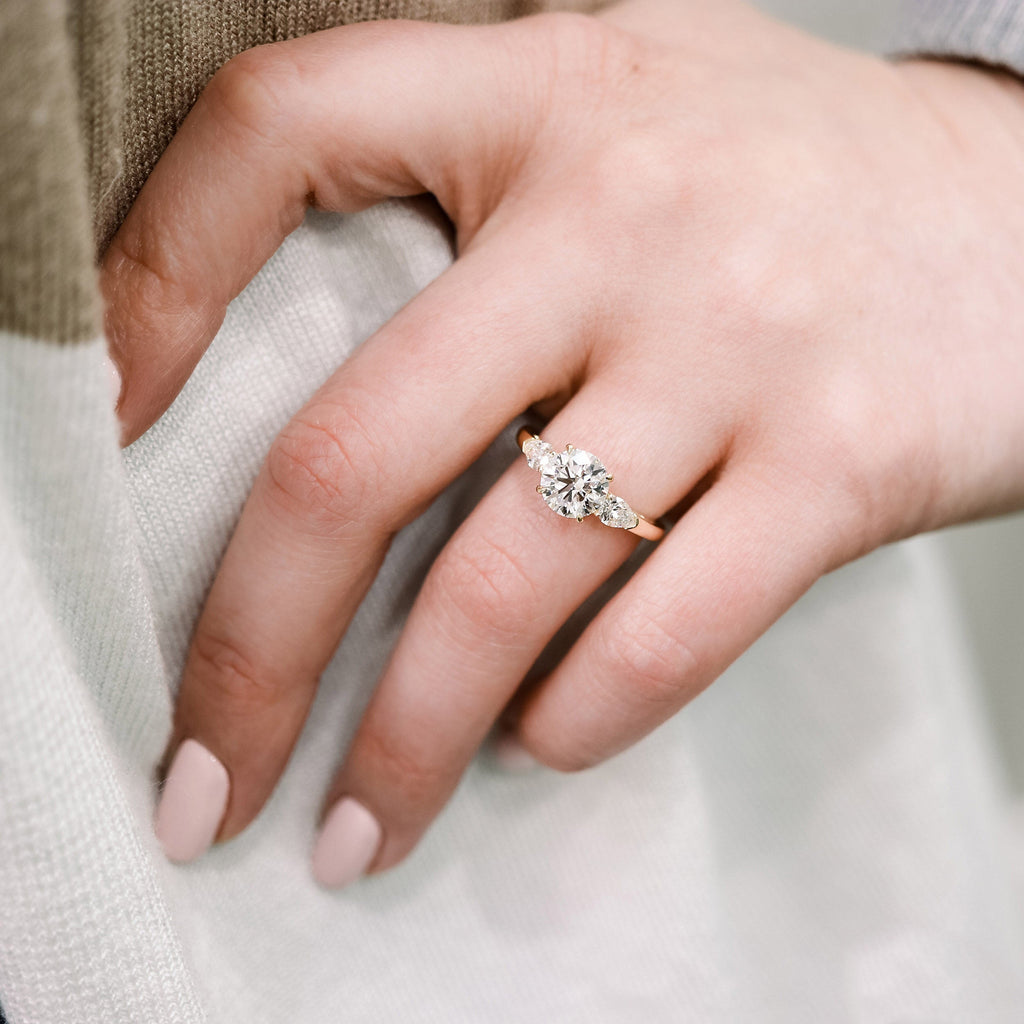 2.0CT Round & Pear Cut Moissanite 3 Stone Engagement Ring – Bellezza ...